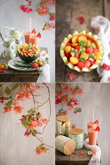 Strawberry Pineapple Smoothies & Watermelon Kiwi Gooseberry Fruit Bowl ...